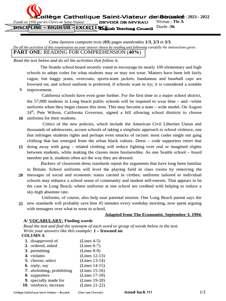 1 DEVOIR DE NIVEAU TLE 2021-2022 (1st TERM) | PDF