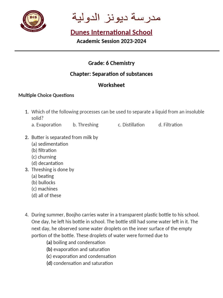 GRADE 6 Separation of Substances Worksheet | PDF
