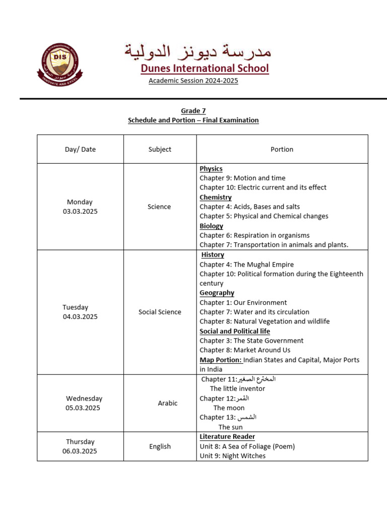 Grade 7 Final Exam Schedule 2025 | PDF