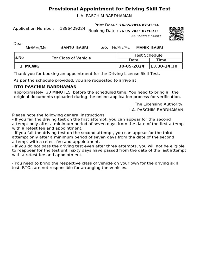 Driving Skill Test Appointment Notice | PDF