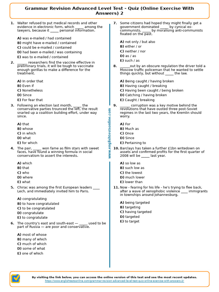 Advanced English Grammar Quiz Answers | PDF