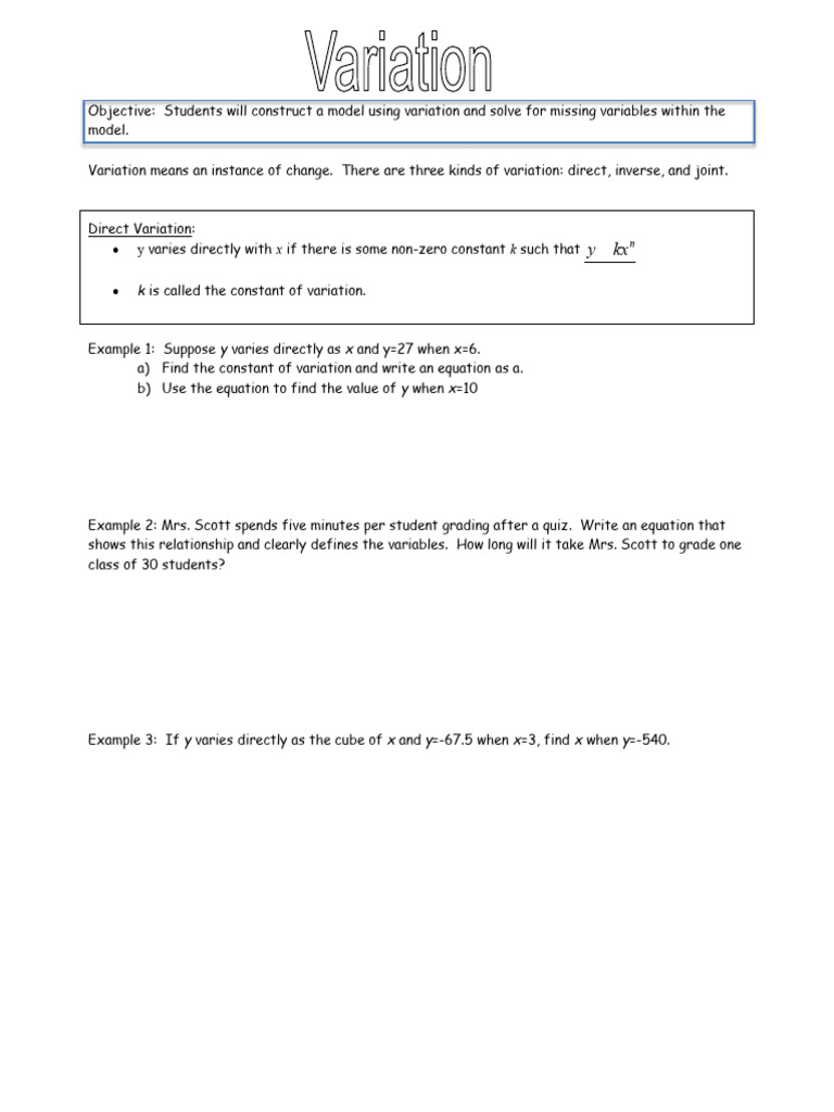 Understanding Variation: Direct, Inverse, Joint | PDF