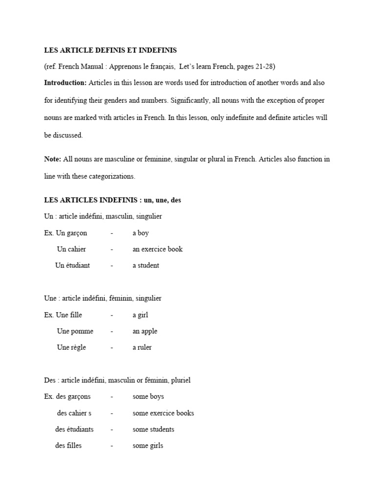 Articles définis et indéfinis en français | PDF | Nombre grammatical ...