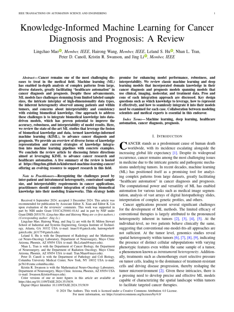 Knowledge-Informed Machine Learning For Cancer Diagnosis and Prognosis A Review | PDF | Medical ...