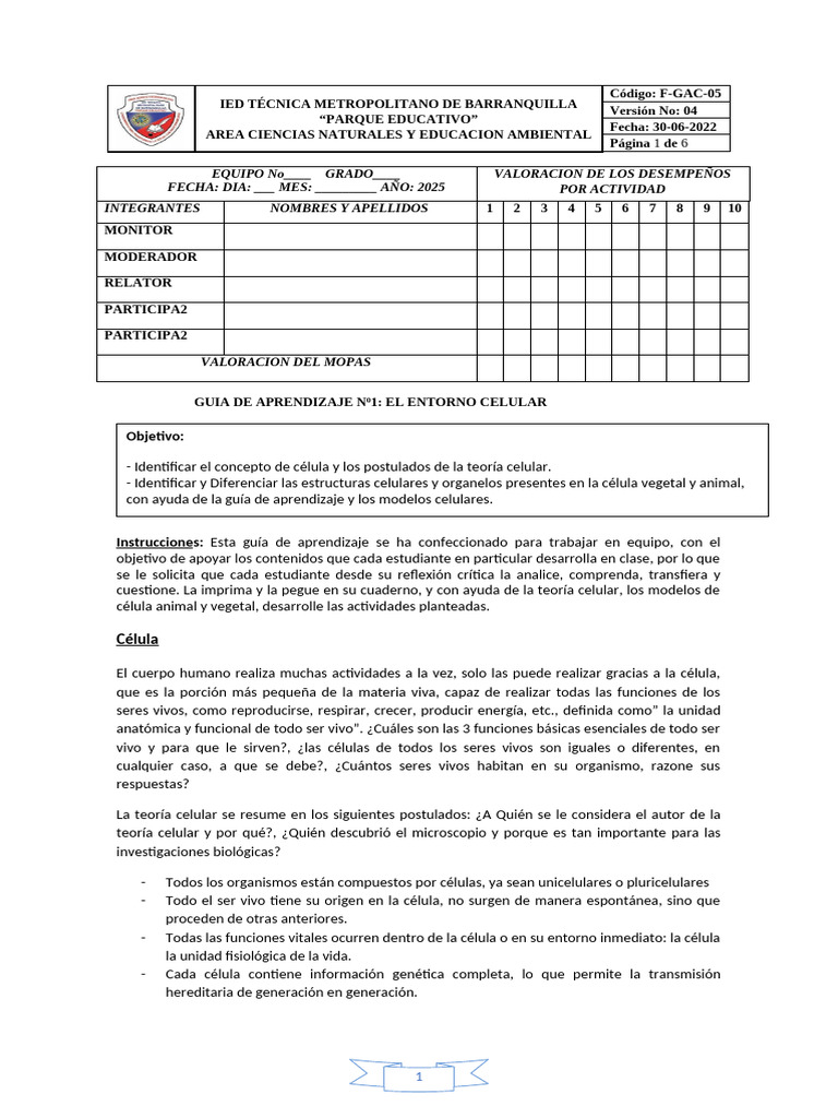 Guía de Aprendizaje: Teoría Celular | PDF | Citoplasma | Biología Celular)