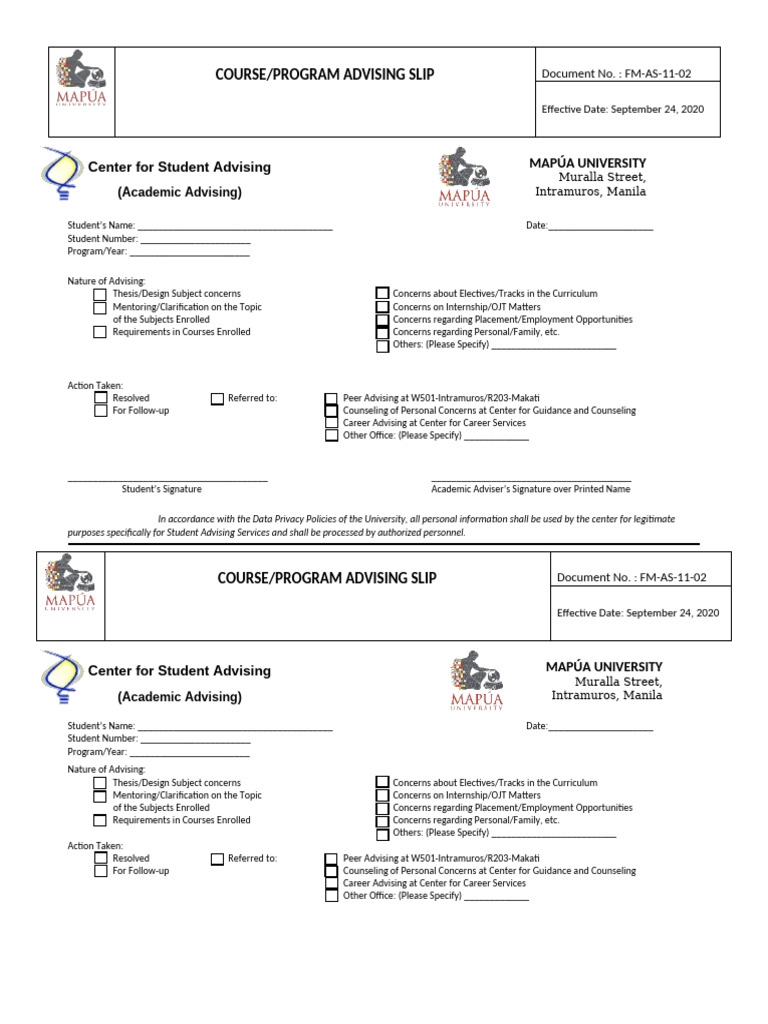 FM As 11 02 Course Program Advising Slip | PDF