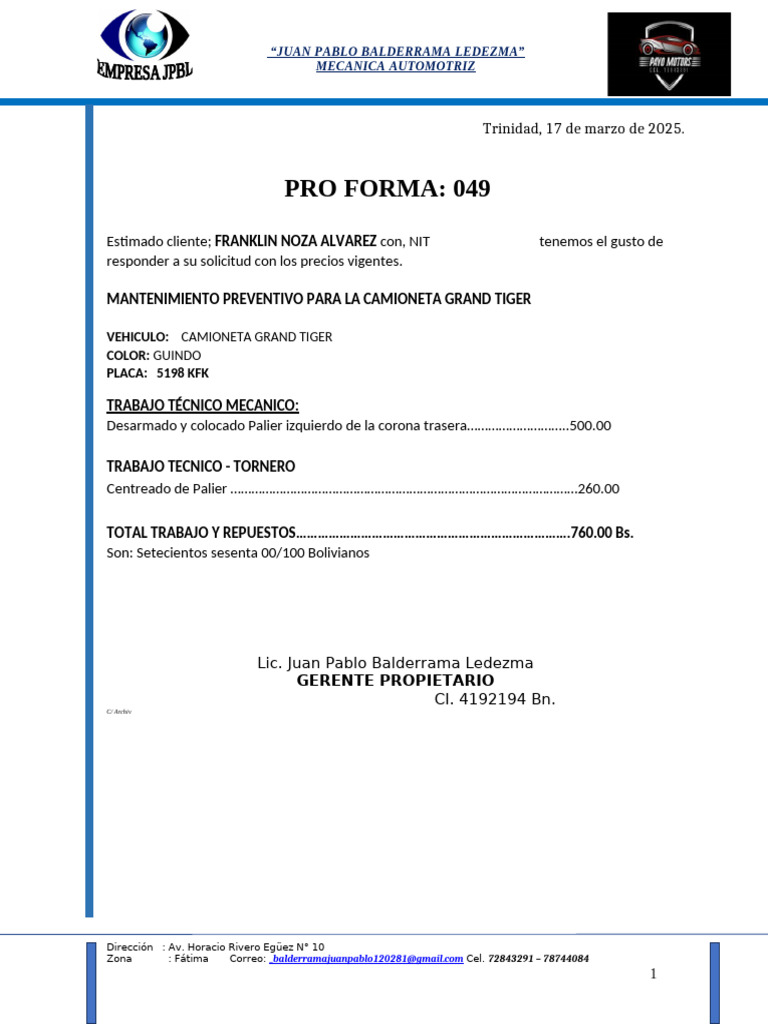 Proforma 049 ENDE - Camioneta GRAND TIGER Guindo Placa 5198 KFX | PDF