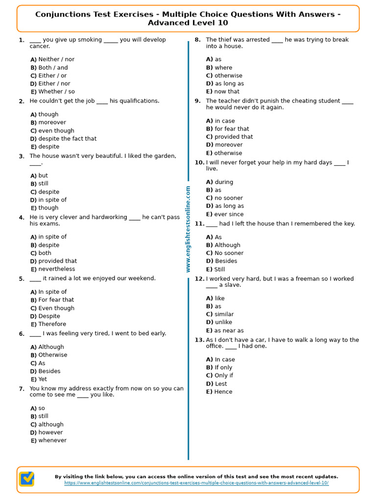 509 - Conjunctions Test Exercises Multiple Choice Questions With ...