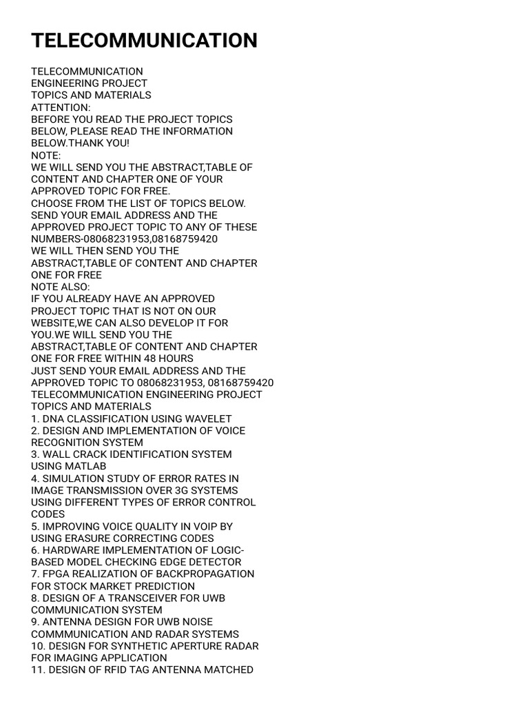Telecommunication Engineering Projects Topics and Materials | PDF ...