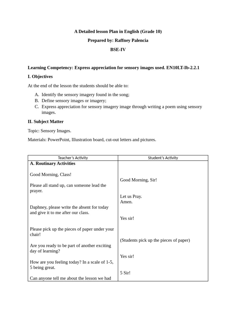 Grade 10 Sensory Imagery Lesson Plan | PDF | Senses | Taste