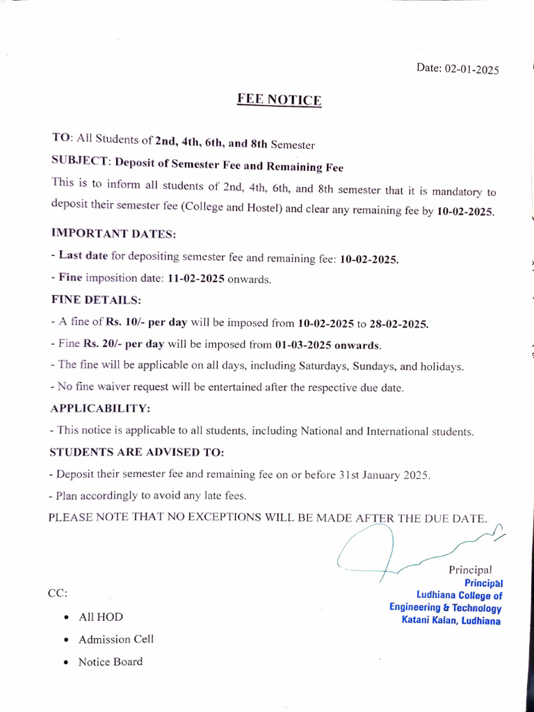 Semester Fee Deposit Notice 2025 | PDF