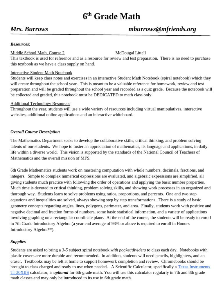 22 23 6th Grade Syllabus | PDF | Mathematics | Numbers