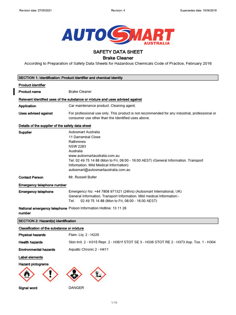 Brake Cleaner Safety Data Sheet | PDF | Waste Management | Waste