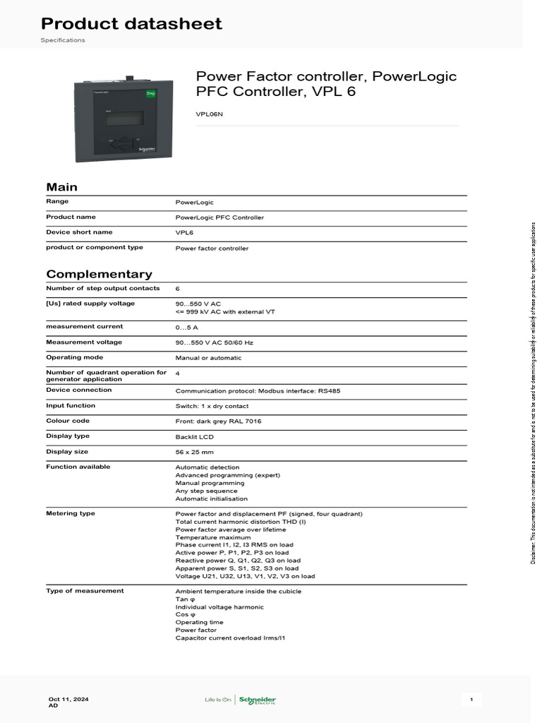 Schneider Electric - PowerLogic-PFC-Controller - VPL06N | PDF | Alternating Current | Relay