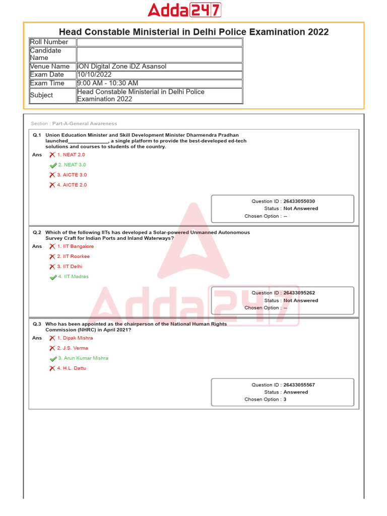Delhi Police Head Constable Ministerial Question Papers English 2022 ...