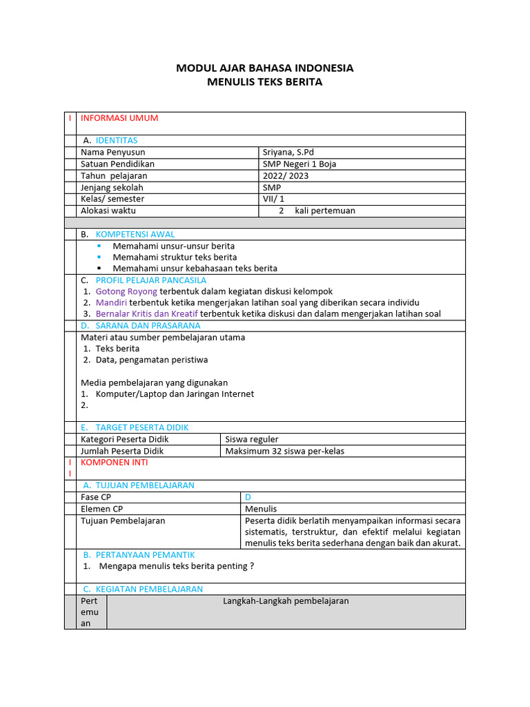 Modul Ajar Menulis Berita | PDF