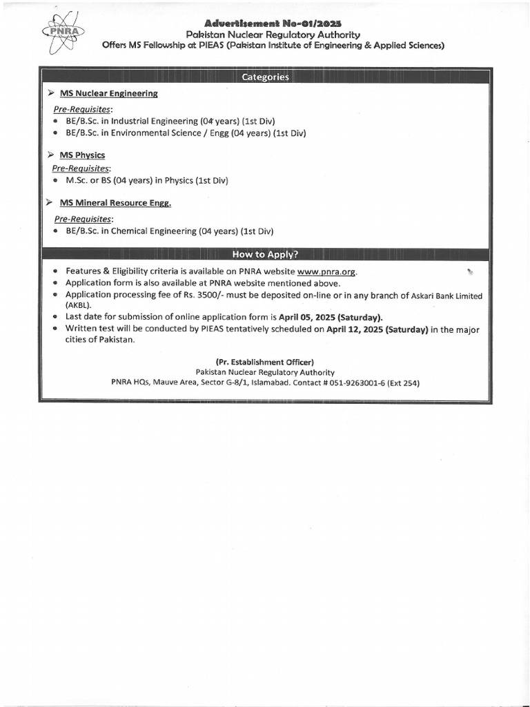 MS Fellowship at PIEAS Session 2025-27 | PDF