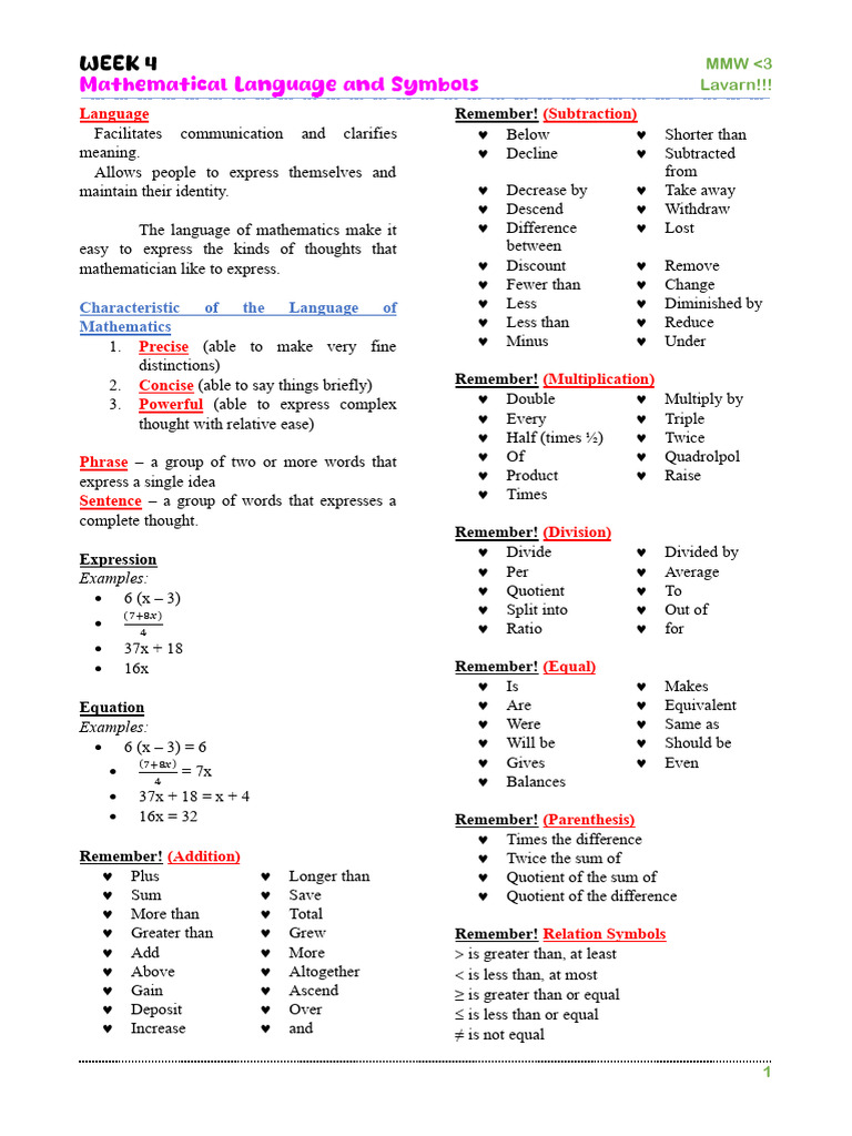 Week 4 Mathematical Language and Symbols | PDF