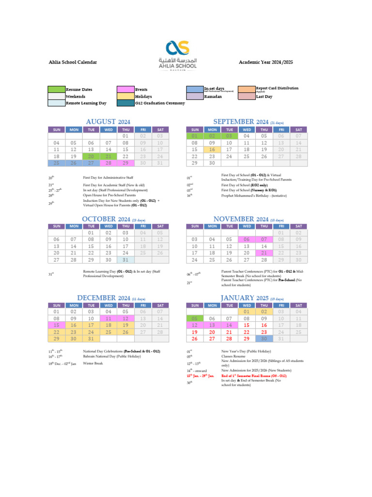 Ahlia School Calendar 2024-2025 | PDF | Academic Term | Holidays