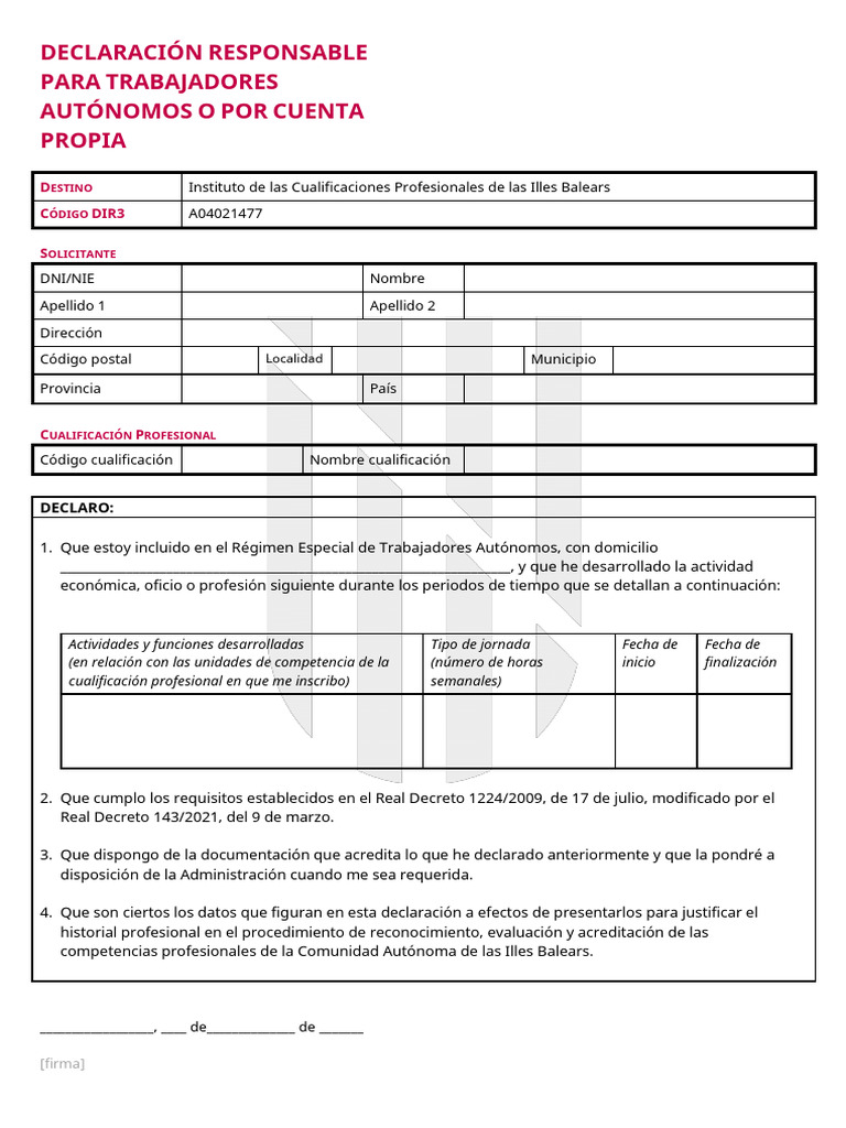 Declaracion Responsable Trabajadores Autonomos o Cuenta Propia Es | PDF