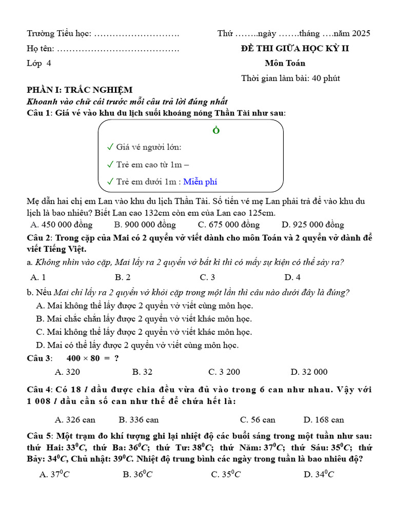 Đề kiểm tra Toán 4 -GK2 - KNTT | PDF