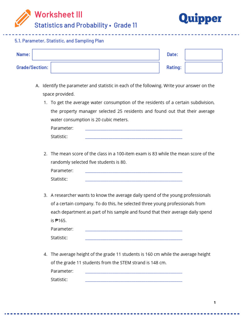 Parameter and Statistic Worksheet | PDF | Sampling (Statistics ...