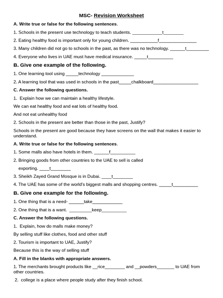 MSC Revision Worksheet for 7th Grade | PDF | United Arab Emirates ...
