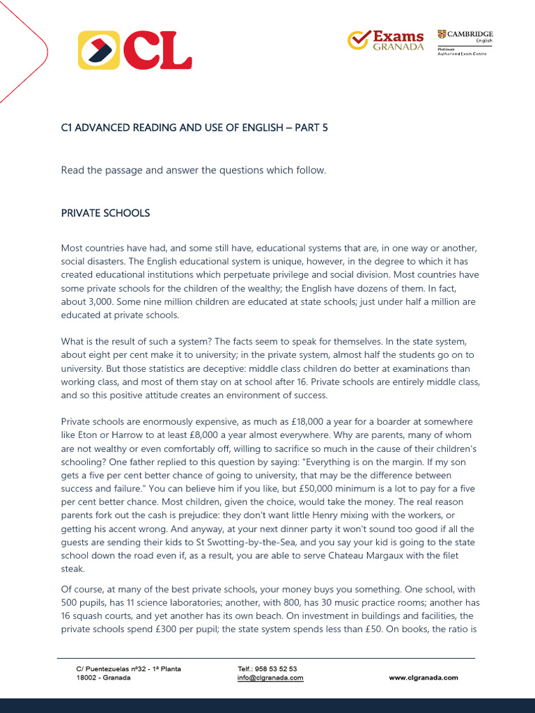 C1 Advanced Reading & Uoe Part 5 - Private Schools | PDF