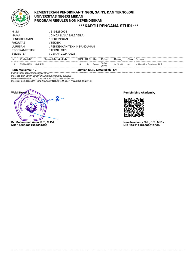 Kartu Rencana Studi (KRS) - Akad Unimed-2 | PDF