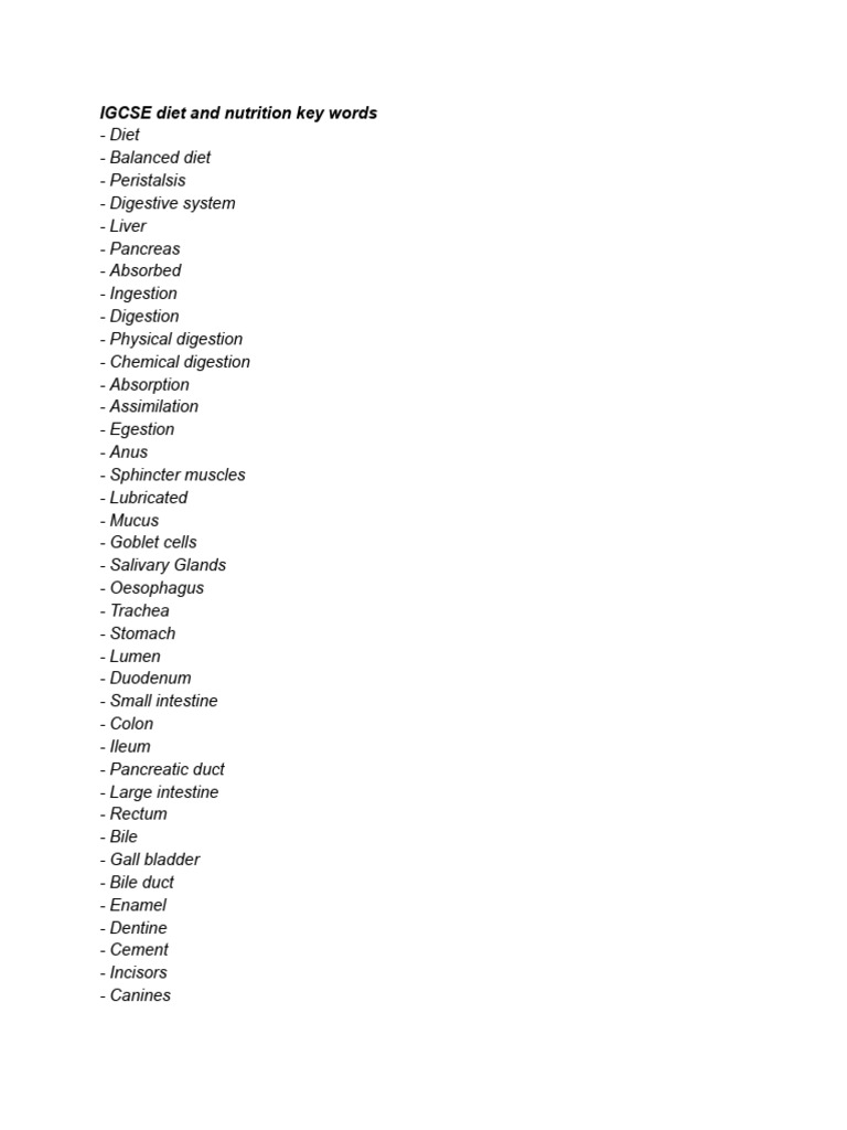 IGCSE Diet and Nutrition Key Words | PDF