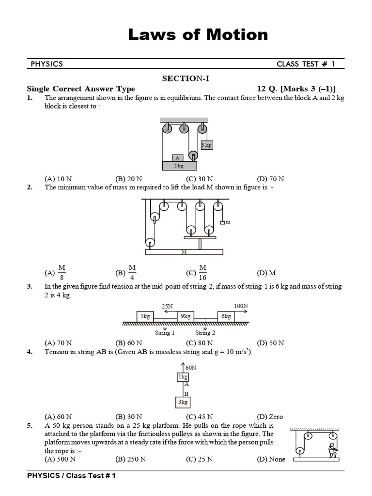 Laws of Motion Advanced Practice Assignment - 1 | PDF | Tension (Physics) | Force