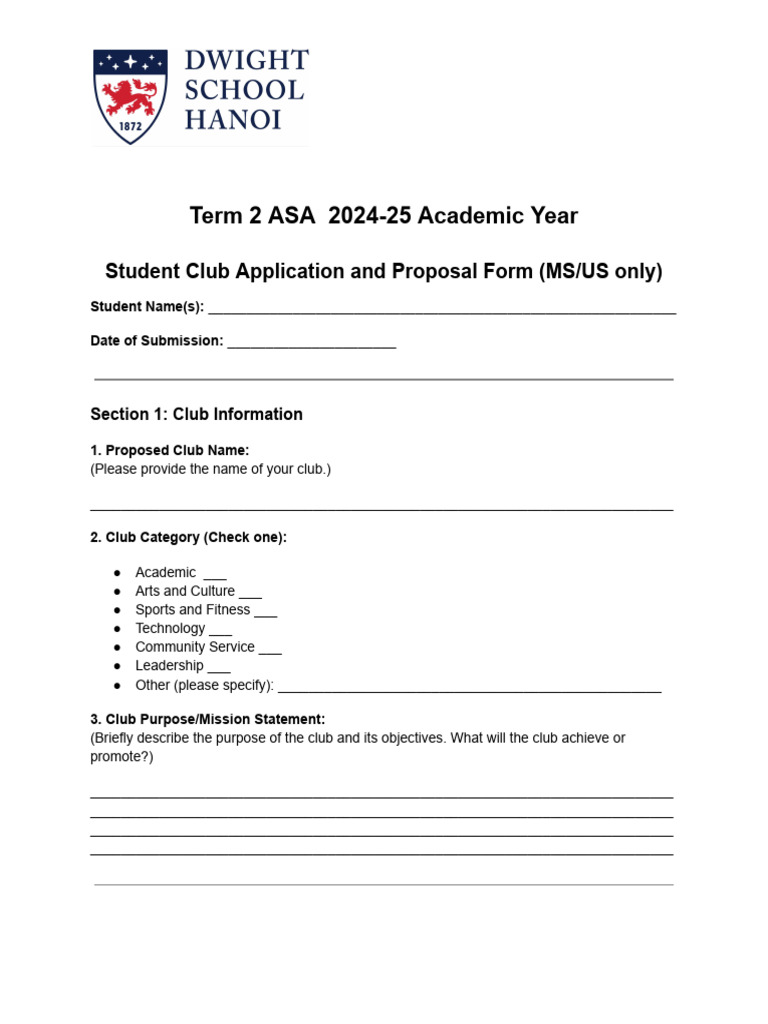 ASA Term 2 Student Club Application | PDF