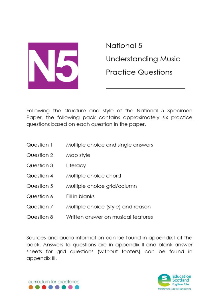 National 5 Music Practice Questions | PDF | Tempo | Musical Instruments