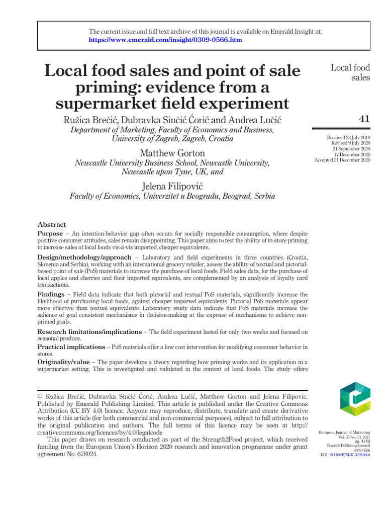 Local Food Sales and Point of Sale Priming Evidence From A Supermarket ...
