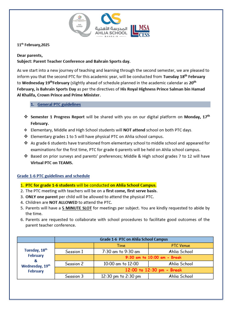 Parent Teacher Conference Details 2025 | PDF