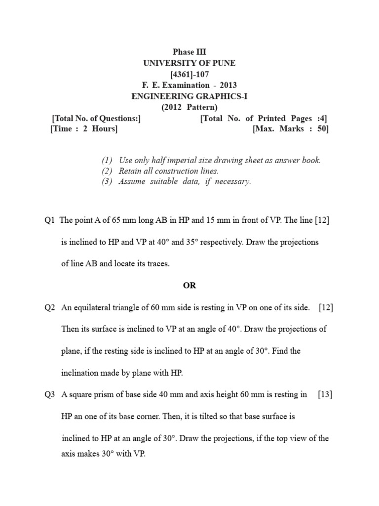 Engineering Graphics-I Exam Paper 2013 | PDF | Elementary Geometry ...