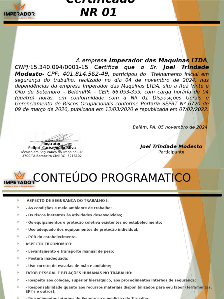 Certificado NR 01. | PDF
