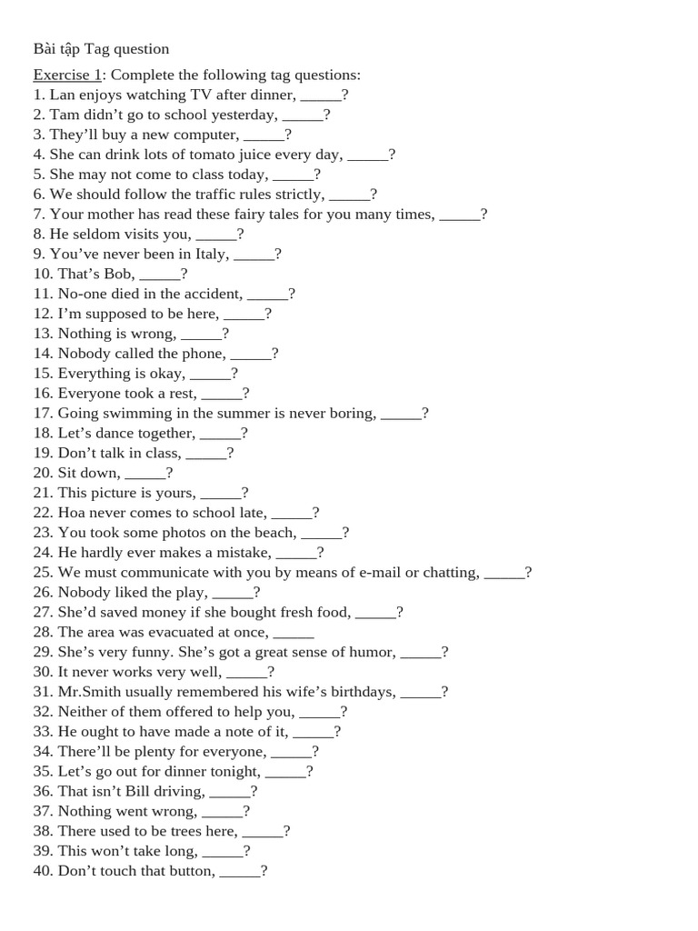 Tag Question Exercises for Practice | PDF