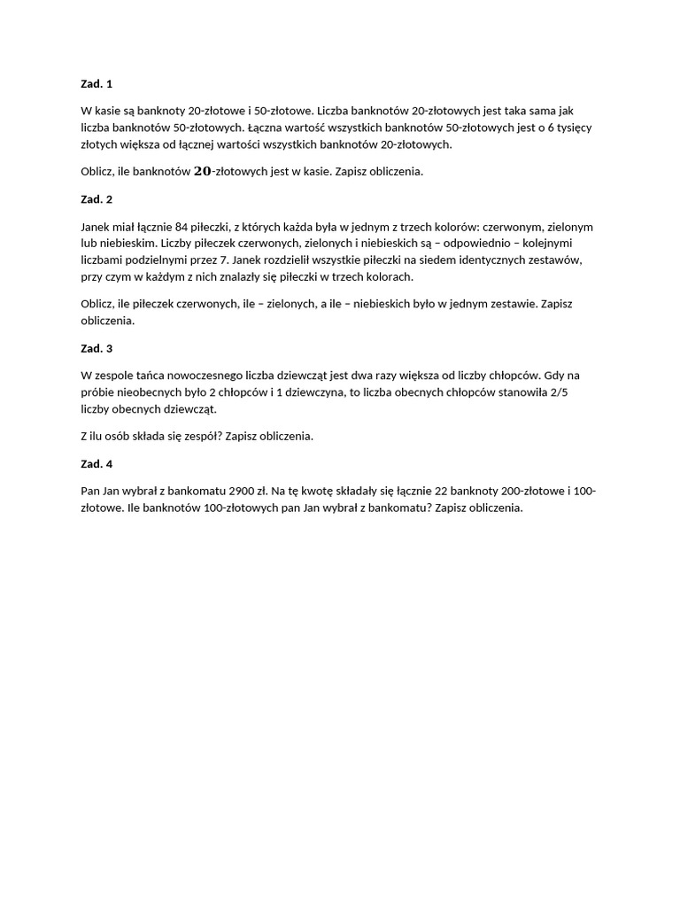 Zad Tekstowe Rownania 1 | PDF