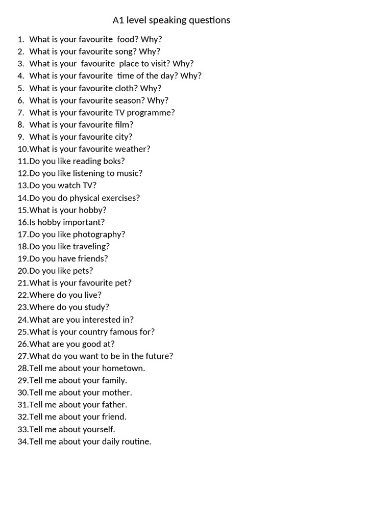 A1 Level Speaking Questions | PDF