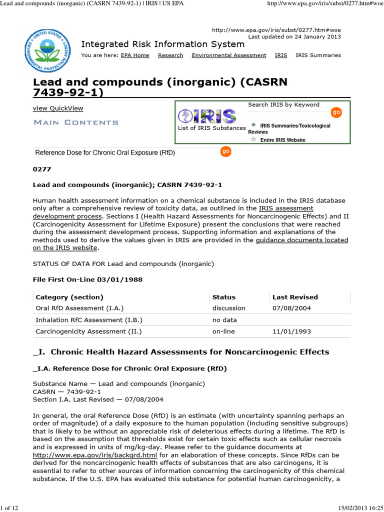 Nsr EPA 2004 Lead and compounds (inorganic) (CASRN 7439-92-1) IRIS ...