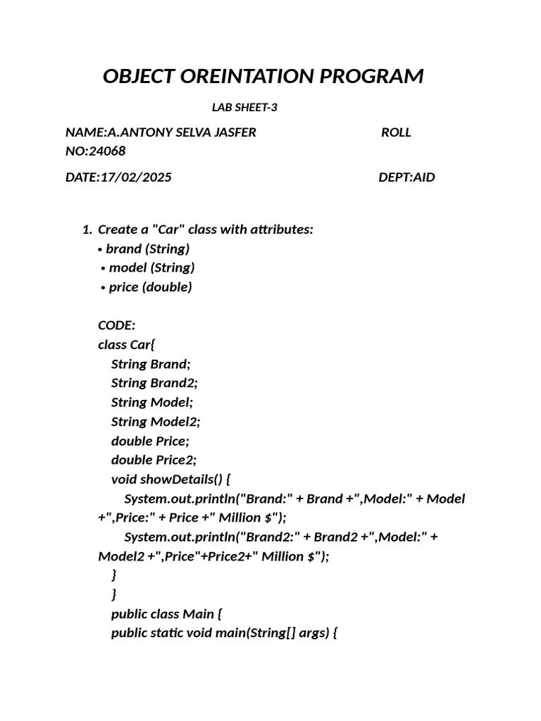 A.antony Oop Lab Sheet 3 | PDF | Computer Programming | Software Engineering
