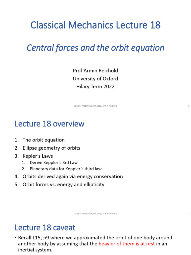 CP1 Lecture18 HT2024 Reichold v1 | PDF | Orbit | Apsis
