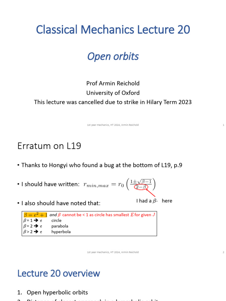 CP1 Lecture20 HT2024 Reichold v0 | PDF | Orbit | Angular Momentum