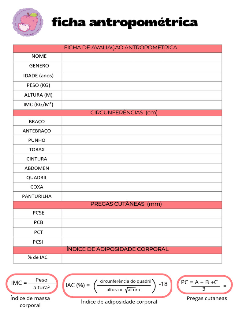 FICHA DE AVALIAÇÃO ANTROPOMÉTRICA Nome Gênero Idade (Anos) Peso (KG ...