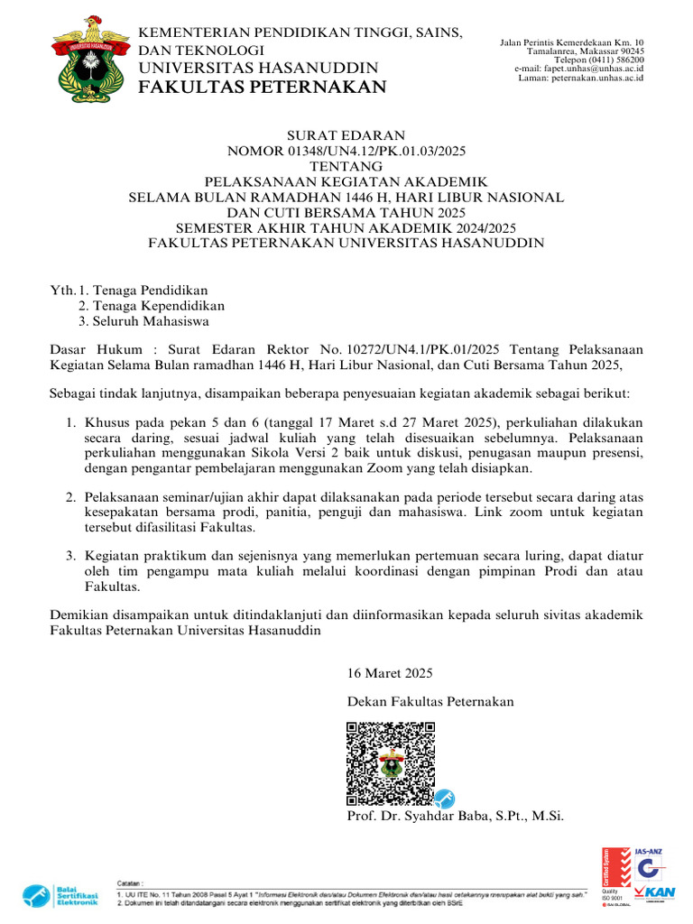 Surat Edaran_Jadwal Kuliah Ramadhan WFA 2025 Rev | PDF