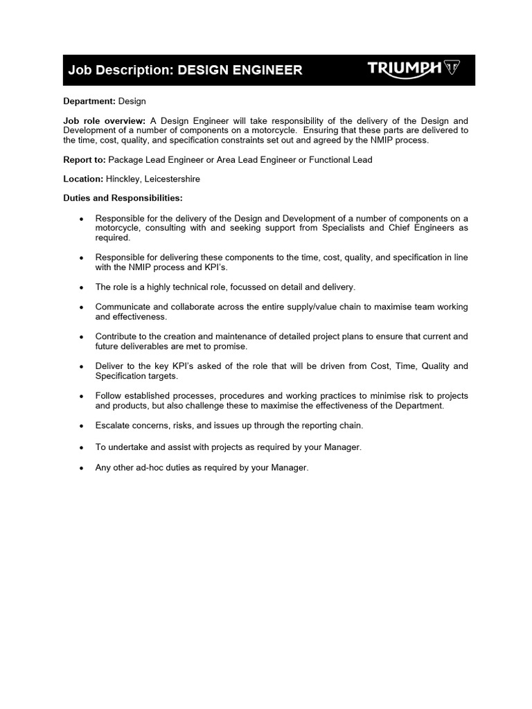 DE159 Design Engineer Job Description and Person Specification | PDF ...