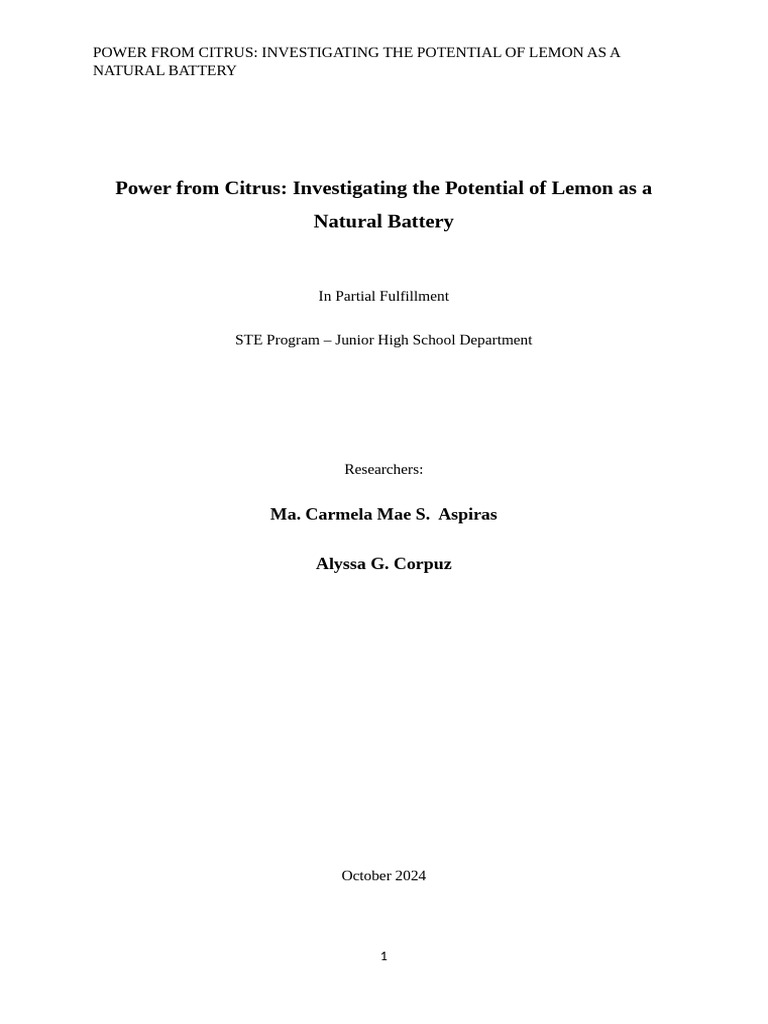 Lemon Battery: Eco-Friendly Energy Source | PDF | Lemon | Electricity