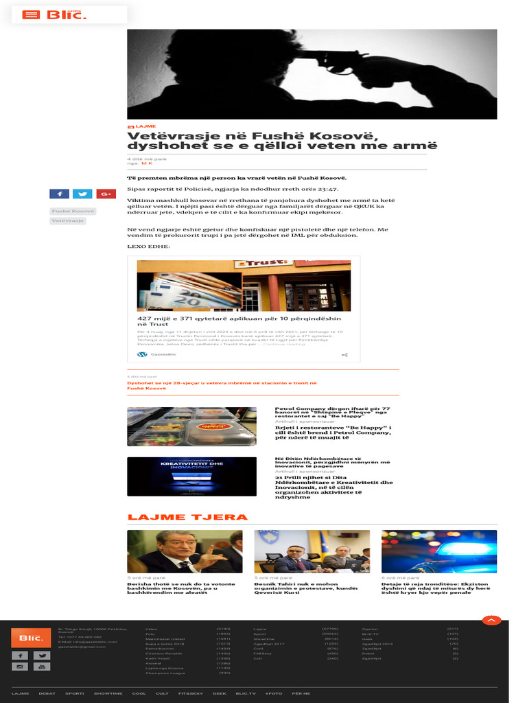 Vetvrasje N Fush Kosov Dyshohet Se e Qlloi Veten Me Arm - GazetaBlic | PDF