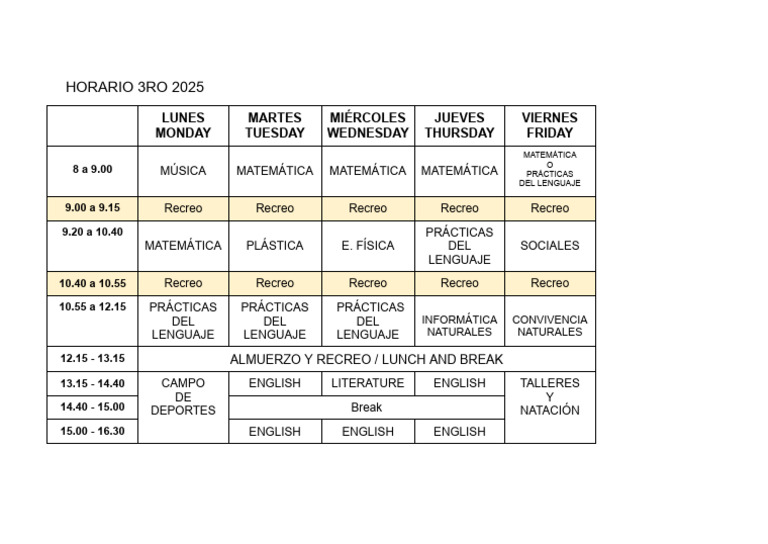 Horario 3ro 2025 | PDF